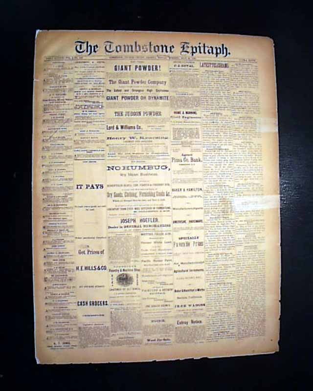 Rare TOMBSTONE EPITAPH Pre Gunfight at the O.K. Corral AZ Arizona 1881 ...