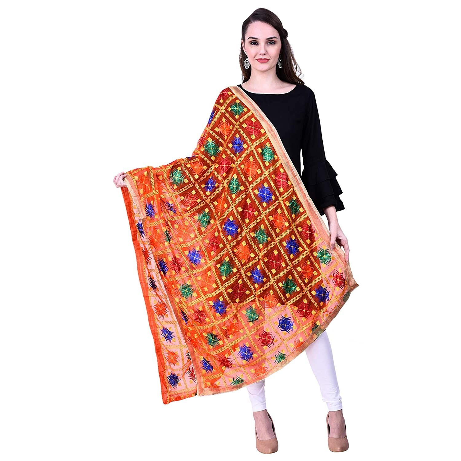 Orange Embroidered Phulkari Chiffon Women's Dupatta Scarf Tippet Indian ...