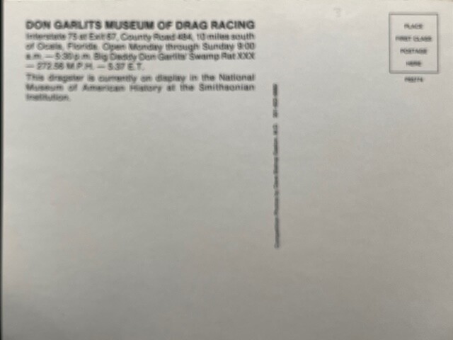 VRHTF NHRA SIGNED BIG DADDY DON GARLITS MUSEUM OF DRAG RACING POST CARD ...