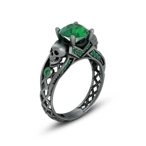 Skull Engagement Ring Womens 925 Sterling Silver Created Emerald Mesh ...