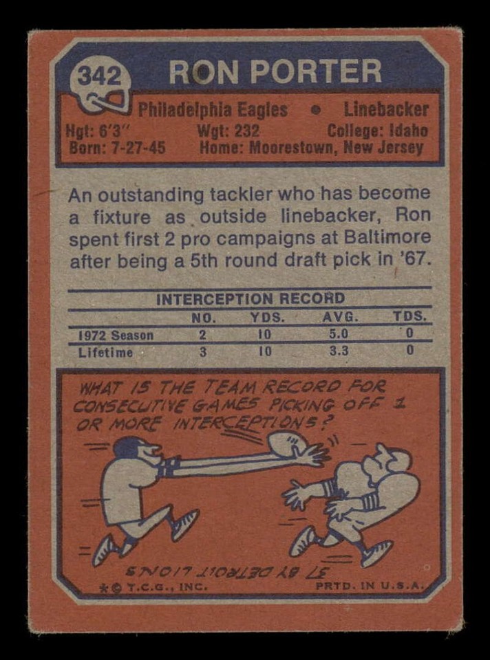 1973 Topps #342 Ron Porter Eagles VG (3) a | eBay