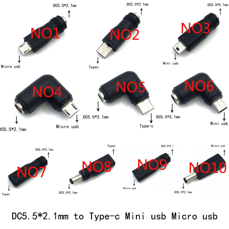 DC 5.5 × 2.1mm Power Jack to Type C Mini Micro USB Angle Connector ...