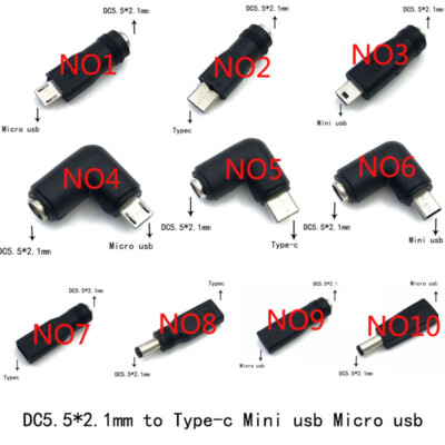 DC 5.5 × 2.1mm Power Jack to Type C Mini Micro USB Angle Connector ...