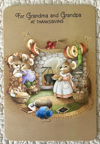 Vintage Thanksgiving Mouse Family Mice Eat Cook Fireplace Greeting Card ...