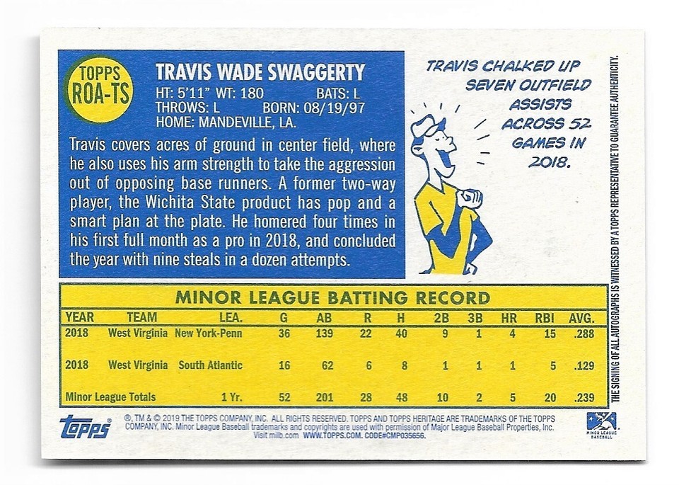 2019 TOPPS HERITAGE MINOR LEAGUE TRAVIS SWAGGERTY REAL ONE AUTOGRAPH ...