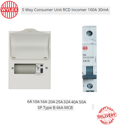 Wylex 5 Way Consumer Unit RCD Incomer 100A 30mA with SP Type B 6kA MCB ...