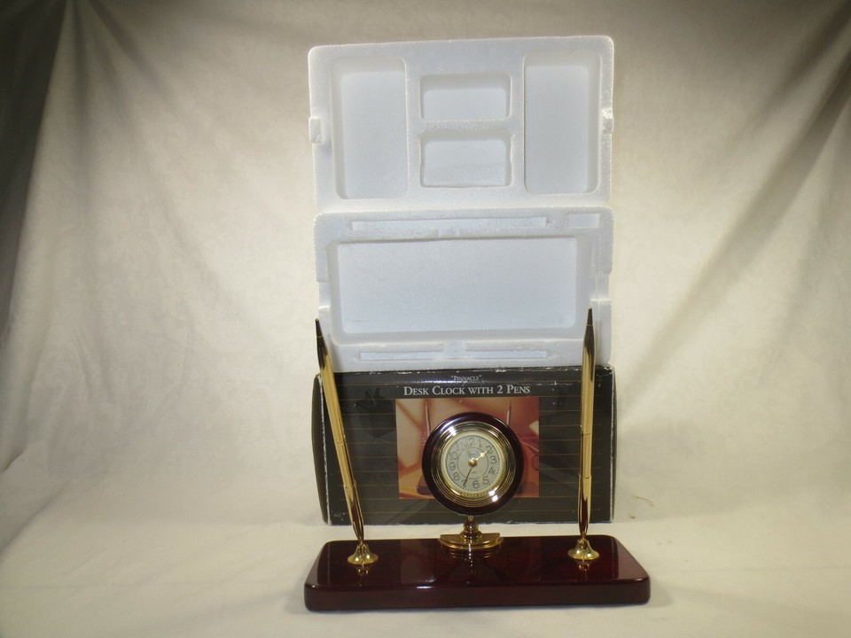 Unused swivel Quartz Chass Clock on Mahogany Wood w Gold-tone 2 Pen Set ...