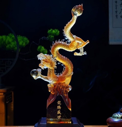 12.6" Chinese Liu Li Crystal Dragon Statue Office Bedroom Feng Shui ...