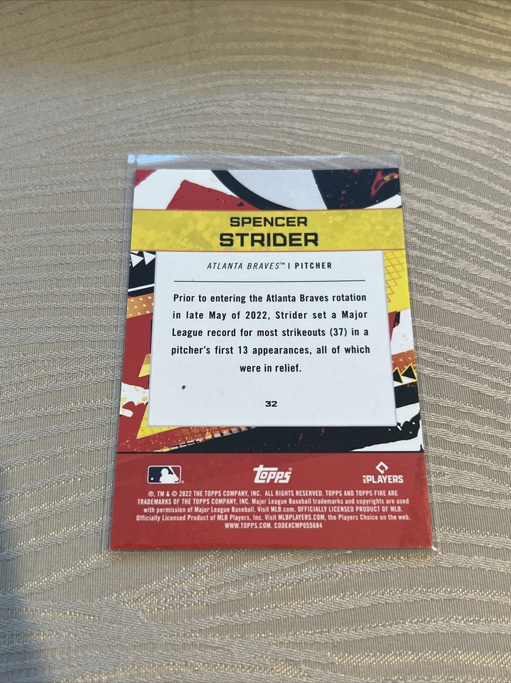 Spencer Strider RC 2022 Topps Fire Rookie Card #32 Atlanta Braves MLB ...