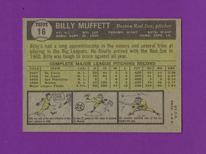 1961 Topps baseball card #16 Billy Muffett Boston Red Sox EXMT O/C | eBay