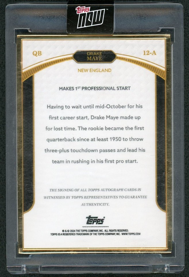 2024 Topps NOW Drake Maye RC 1st Start Autograph Gold /50 Sealed Auto ...