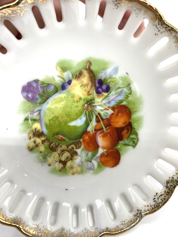 Small Vintage China Hanging Cut Out Plate Fruit and Gold Trim, Made In ...