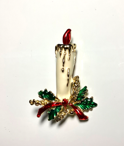 Vintage Gold Tone Enamel Christmas CANDLESTICK Candle Stick Brooch Pin ...