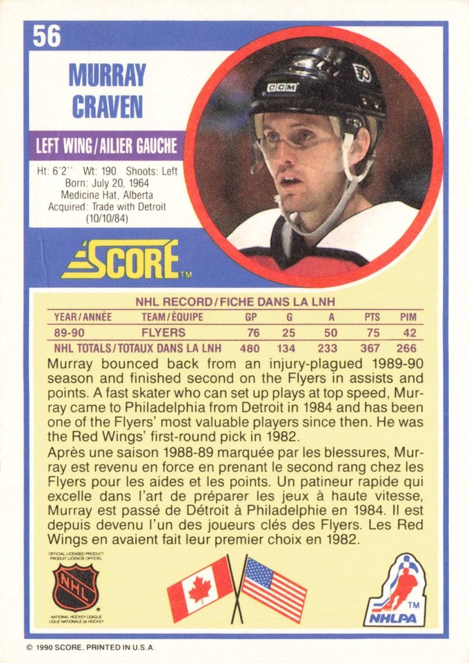 Murray Craven 1990-91 Score American #56 Philadelphia Flyers Hockey | eBay
