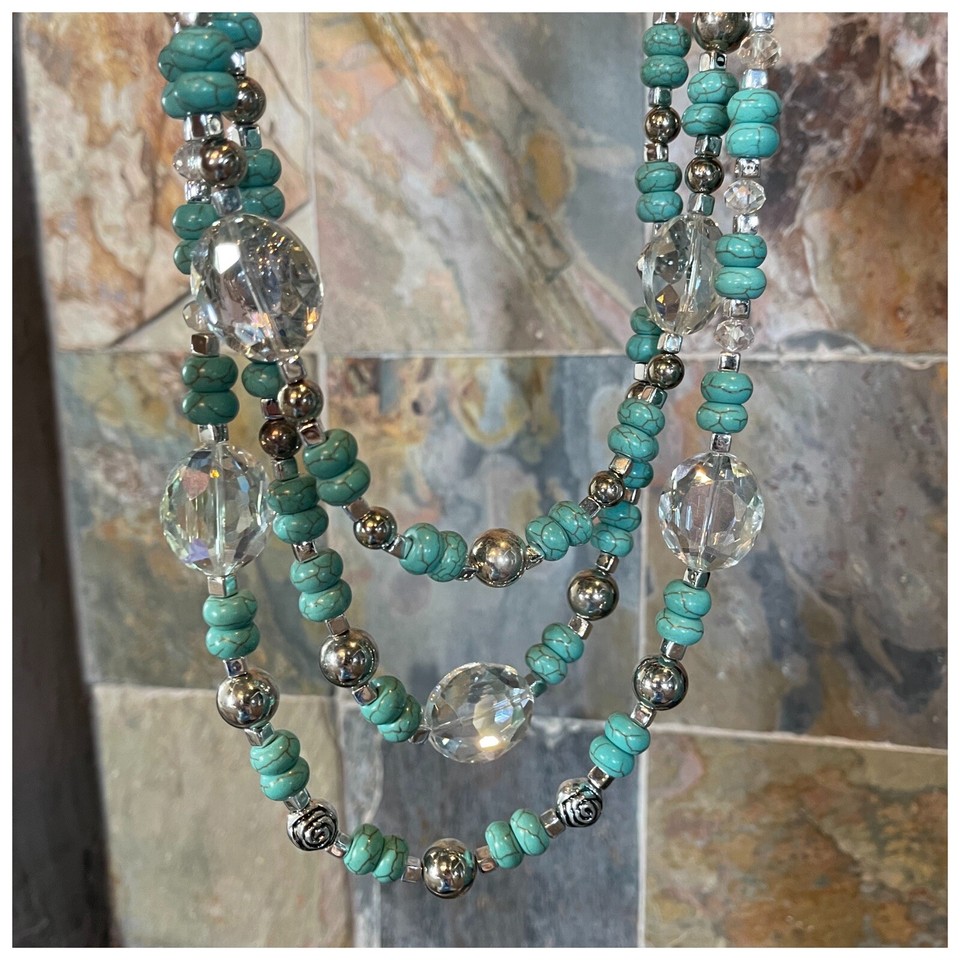 3 Strand Crystal Stone Turquoise Green Mint Silver Layered Necklace Set ...