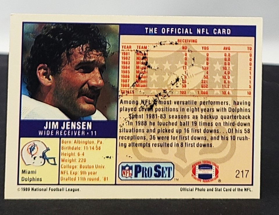 JIM JENSEN Signed Autographed 1989 Pro Set Football Card #217 Miami ...