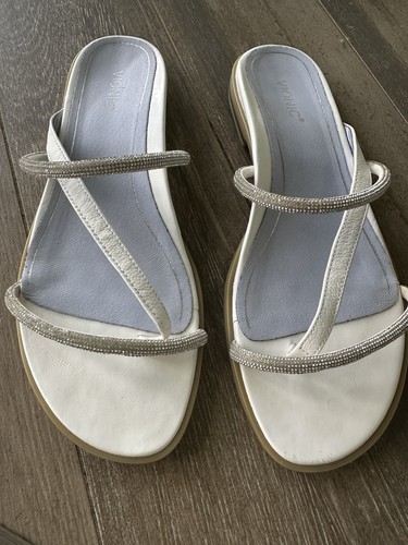 Vionic Prism White Leather Metallic Rhinestone Strappy Slide 10 | eBay