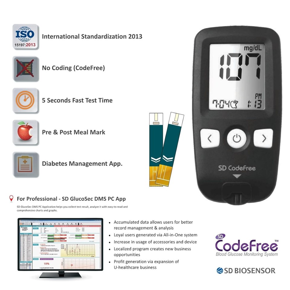 SD Codefree Blood Glucose Glucometer Kit With Test Strip, Lanchet 100 ...