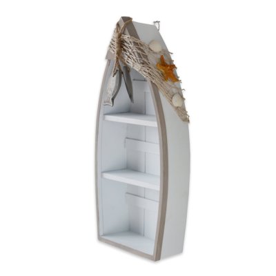Wooden Boat Display with 3 Shelves Fish Net Star Fish, White Wood Boat ...