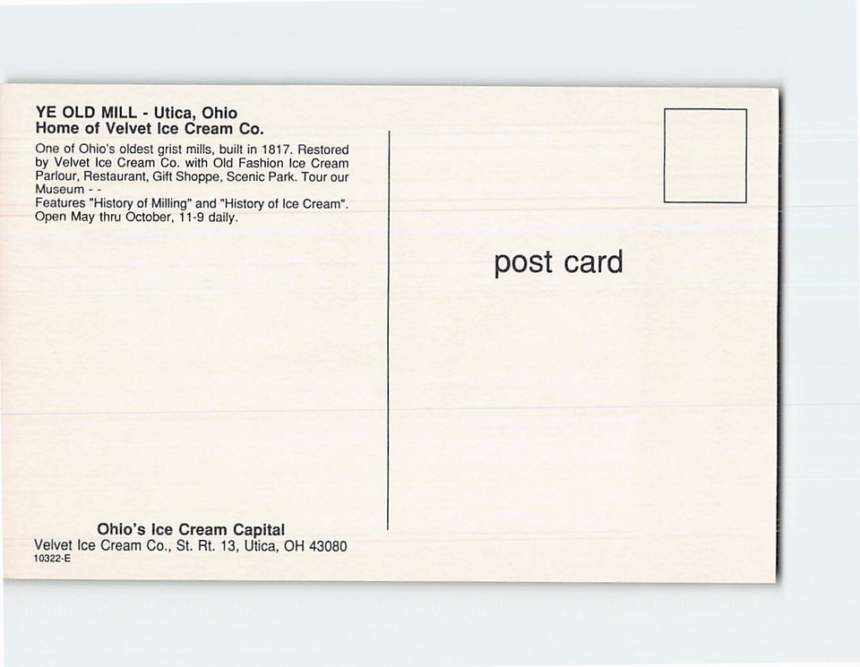 Postcard Ye Old Mill Utica Ohio Home of Velvet Ice Cream Co. USA North ...
