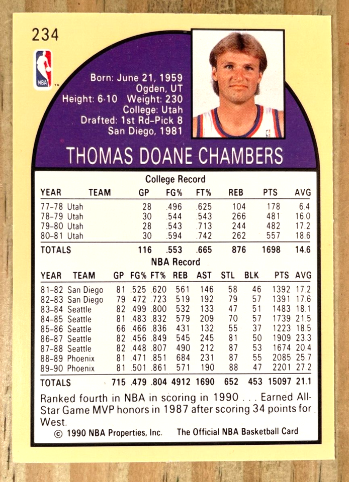 1990-91 NBA HOOPS TOM CHAMBERS CARD#234 NM-MT SONICS SUNS CLIPPERS JAZZ ...