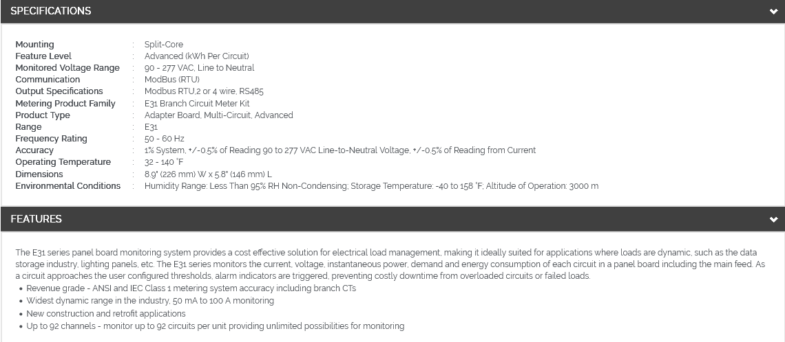 Veris Industries ~ E31A42 Split-Core Panelboard Monitor System Branch ...
