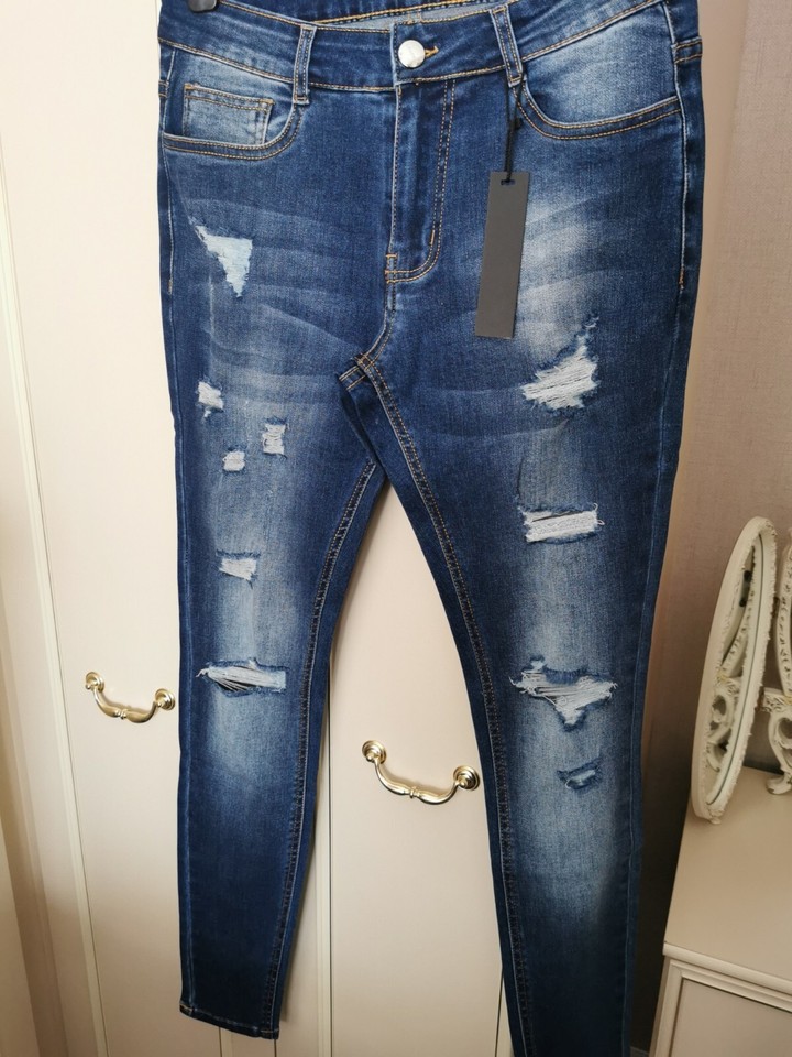 Legend London Men's Spray On Dark Blue Wash Distressed Skinny Jeans ...