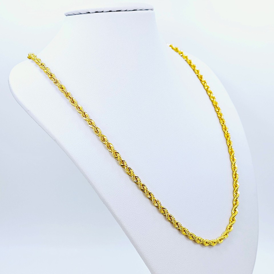 22K Yellow Gold Rope Chain Necklace 24 in Hollow 3.6mm Genuine ...