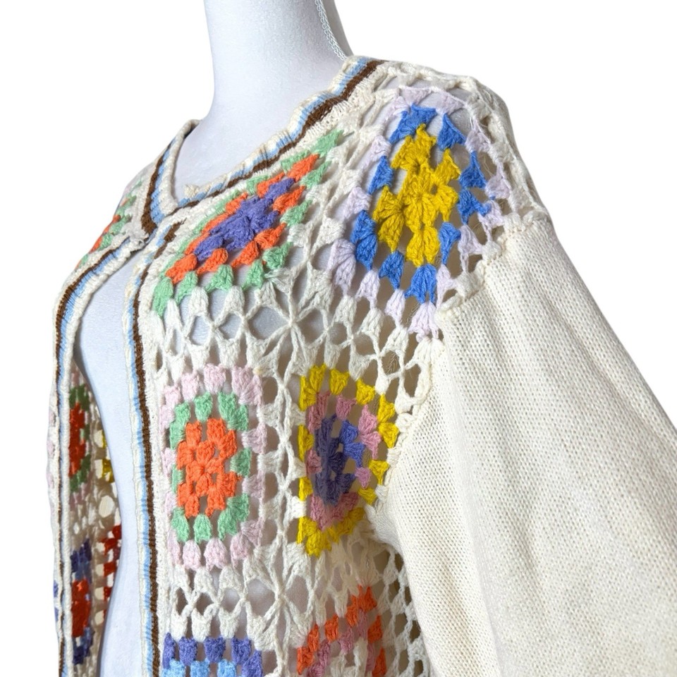 Y2K Boho Crochet Granny Square Knit Duster Cardigan Size L Multicolor ...