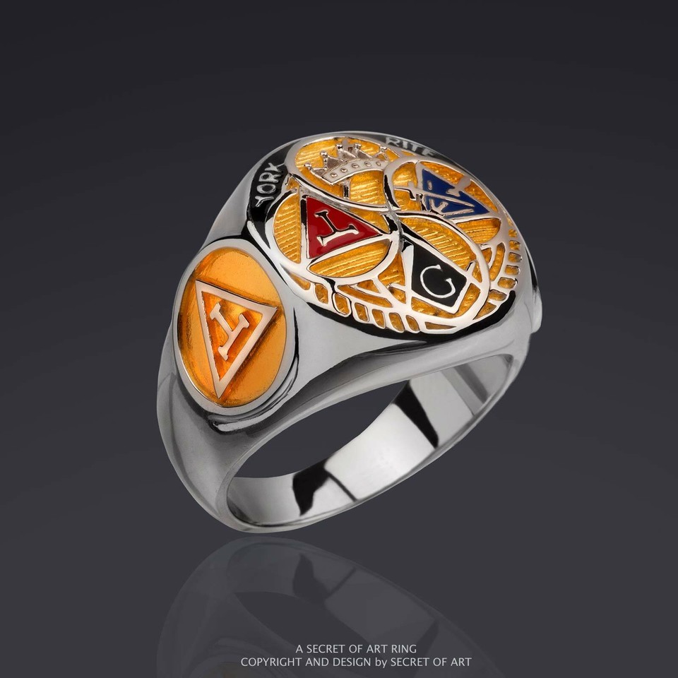 York Rite Ring Masonic Freemason Silver 925 Master Mason Templar 18K ...
