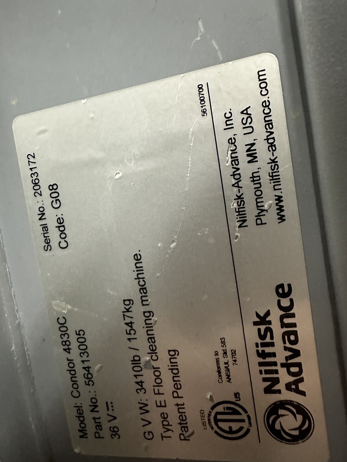 Nilfisk Advance Condor 4830C Commercial Rider Floor Scrubber 56413005 ...