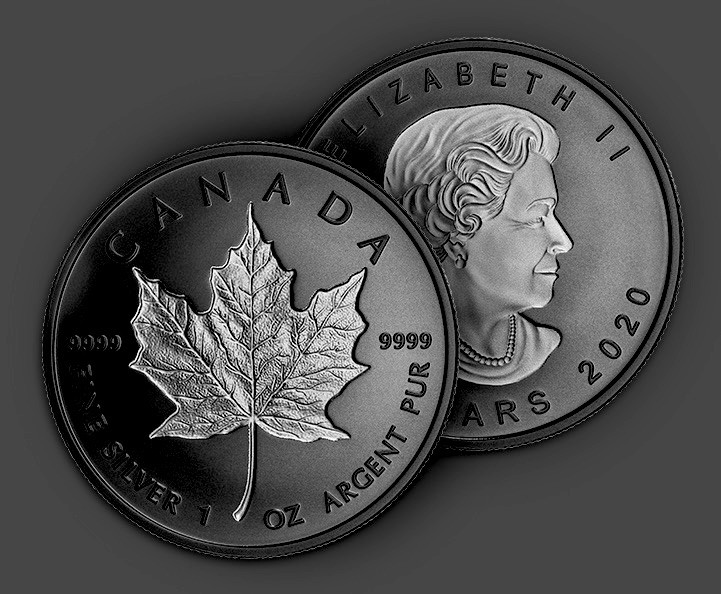 2020 CANADIAN $20 BLACK RHODIUM-PLATED INCUSE SILVER MAPLE LEAF 1 OZ ...