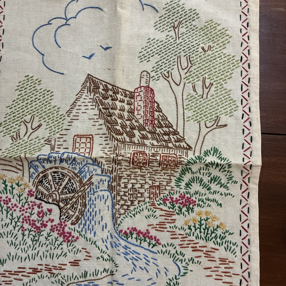 Vintage Needlework Embroidery Folk Art The Old Mill Cottage Scene 10 ...
