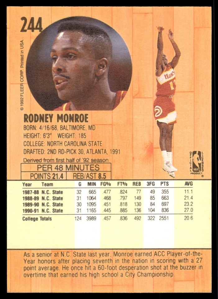 1991 Fleer #244 Rodney Monroe Atlanta Hawks | eBay
