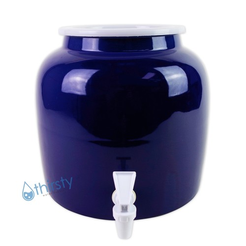 Water Crock Solid Blue Ceramic Porcelain Dispenser Faucet Spigot Valve ...