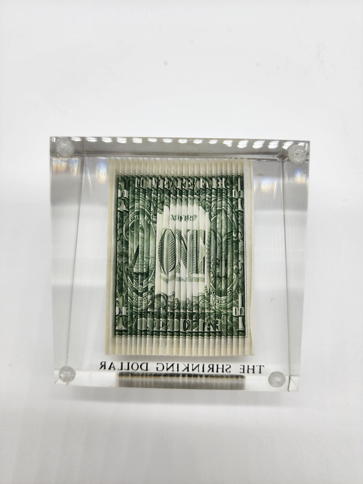 The Shrinking Dollar - Vintage Paperweight in Thick Lucite Block - Real ...