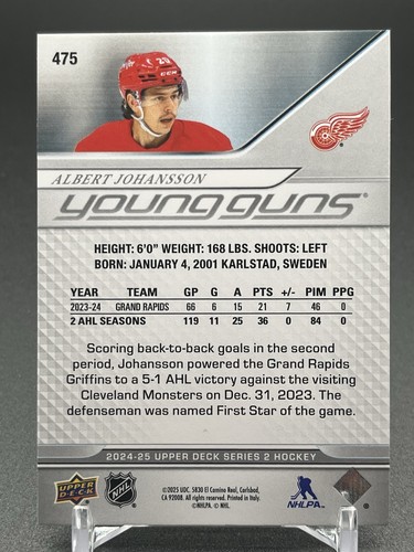 2024-25 UD SERIES 2 Albert Johansson YOUNG GUNS ROOKIE #475 Detroit Red ...