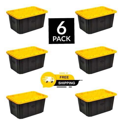27 Gal. Tough Storage Tote in Black with Yellow Lid 6-Pack By HDX. Snap ...