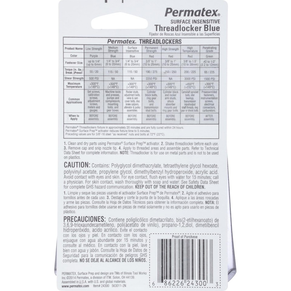 Permatex 24300-6PK Surface Insensitive Threadlocker Blue, 10 ml (Pack ...