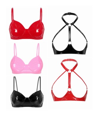 Womens PVC Leather Halter Neck Bra Wireless Open Cup Bralette Club ...