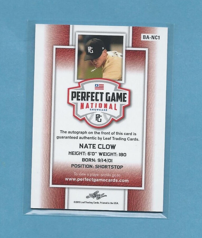 Nate Clow 2019 Leaf Perfect Game National Showcase Pink Shimmer Auto 1/ ...