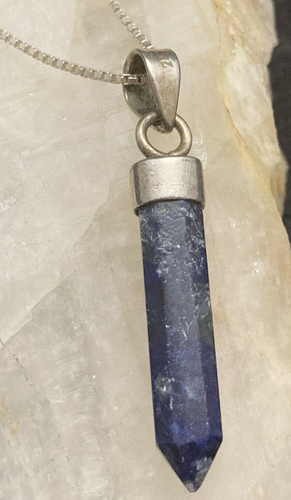 Blue Sodalite 8-Sided Crystal Sterling Silver 925 Pendant 16'' Necklace ...