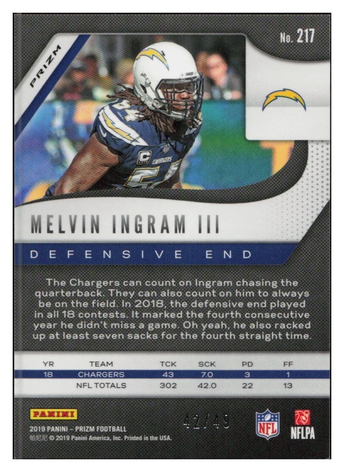G828 MELVIN INGRAM III 2019 PRIZM PURPLE POWER REFRACTOR /49 CHARGERS ...