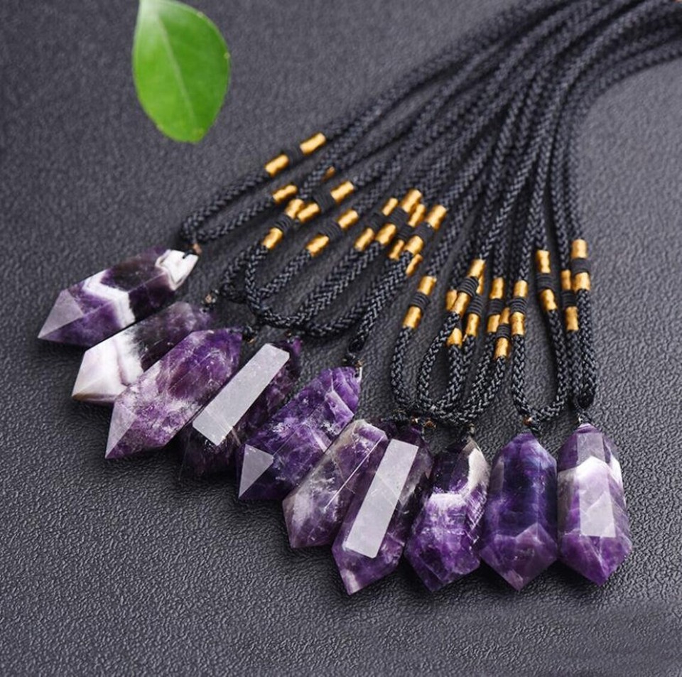 Natural Amethyst Stone Pendant Purple Crystal Point Charm Necklace ...