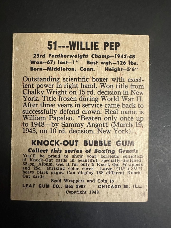 1948 Leaf Boxing (Knock-Out Bubble Gum) #51 Willie Pep Featherwight ...