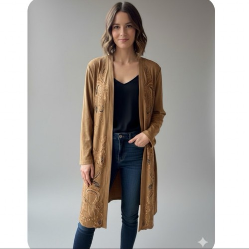 CHICO'S Faux Suede Floral Embroidered Kimono Cardigan Duster Long L/XL ...