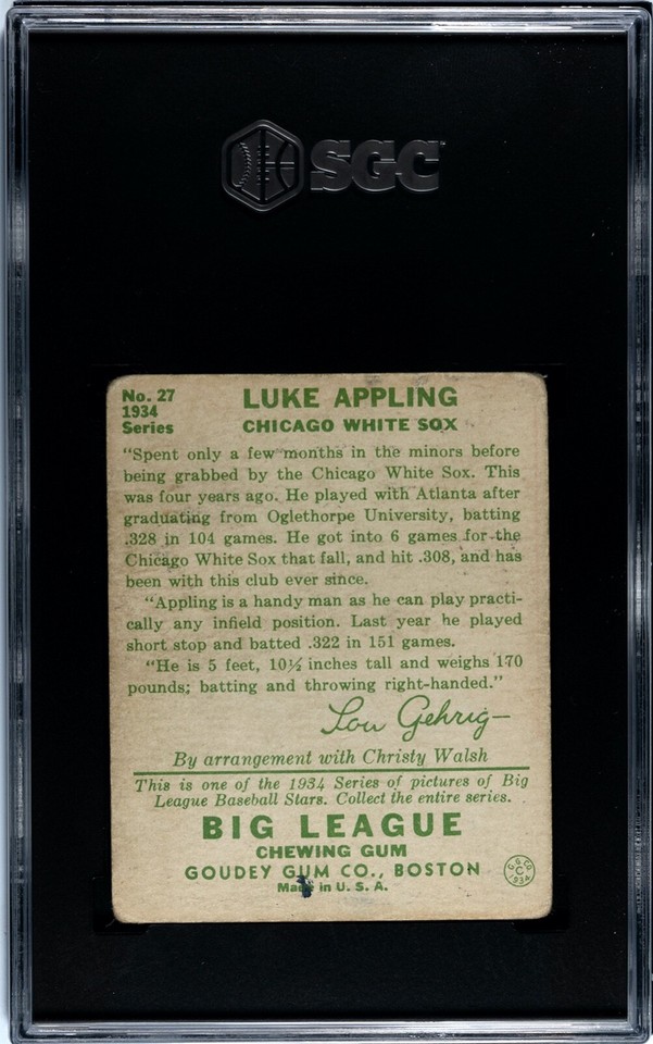 1934 Goudey #27 Luke Appling Rookie SGC Authentic Chicago White Sox HOF ...