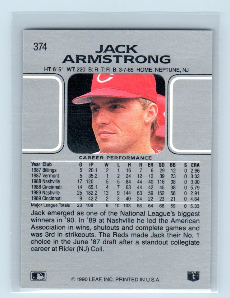 1990 Leaf Straight from the Pack Jack Armstrong Cincinnati Reds #374 | eBay