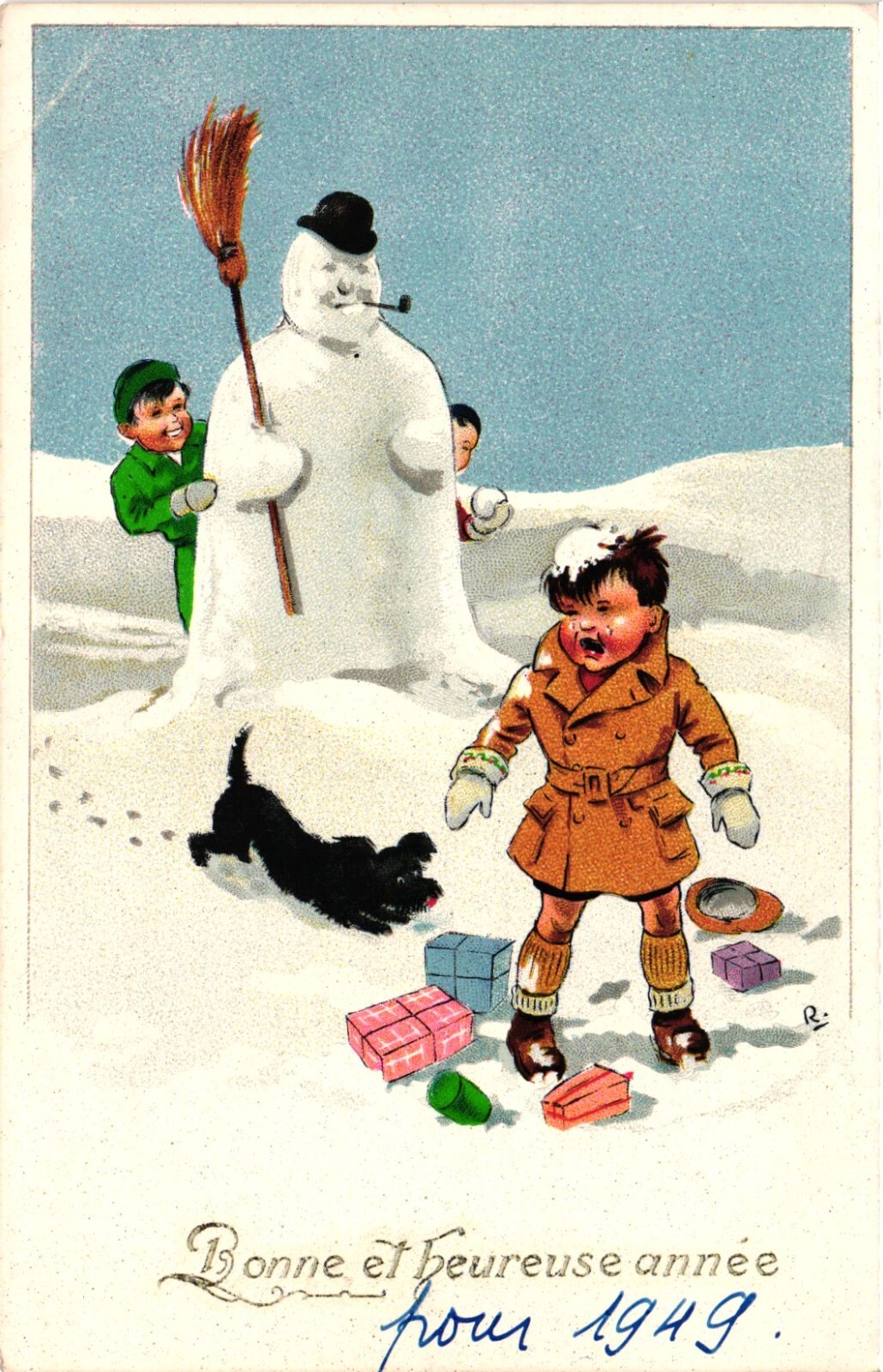 Snowman, Smoking Snowman with a Broom, a Dog and a Crying Boy, Vintage ...