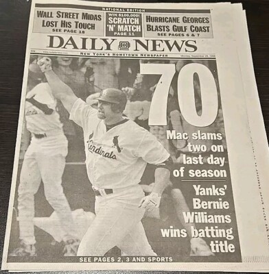 Daily News Monday, September 28, 1998 McGwire Hits 70 Cover Only | eBay
